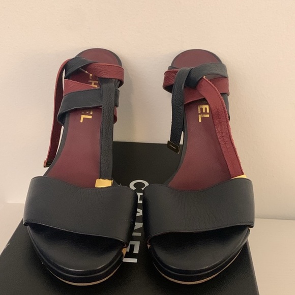 CHANEL | Shoes | Chanel 38h Open Toe Sandals Leather Navy Red Strappy ...